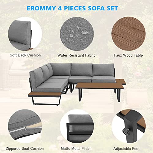 EROMMY 4 Pieces Outdoor Sectional Sofa Set with Coffee Table, 91''×91'' Extra Large L-Shaped Metal Conversation Set with All-Weather Gray Cushion and Built-in Side Table for Patio, Garden, Backyard