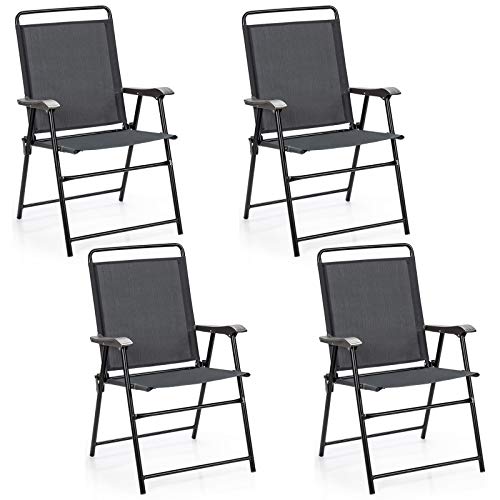 Safstar Patio Sling Chairs, Outdoor Folding Patio Chair Set w/Curved Armrest & High Backrest, Great for Garden Camping Yard Pool, Set of 4