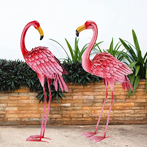 Ratuor Flamingo Garden Statue, Outdoor Statues, Pink Flamingo Sculpture, Patio, Lawn, Backyard Decorations, Decor for Outside, Metal Yard Art, Set of 2