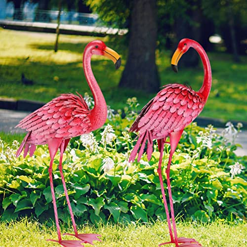 Ratuor Flamingo Garden Statue, Outdoor Statues, Pink Flamingo Sculpture, Patio, Lawn, Backyard Decorations, Decor for Outside, Metal Yard Art, Set of 2