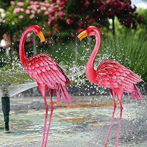 Ratuor Flamingo Garden Statue, Outdoor Statues, Pink Flamingo Sculpture, Patio, Lawn, Backyard Decorations, Decor for Outside, Metal Yard Art, Set of 2