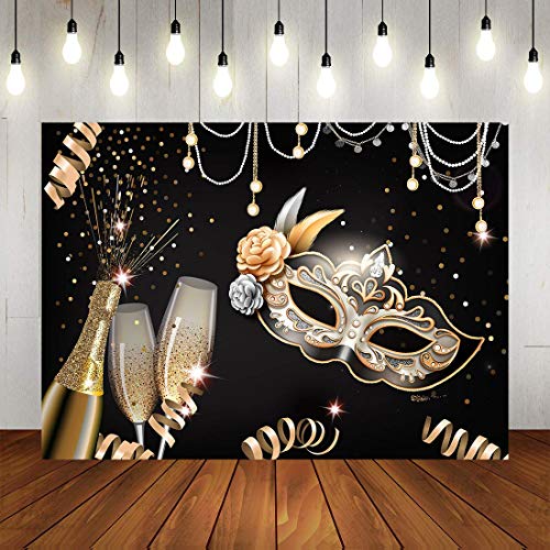 Masquerade Party Backdrops Retro Gold Black Mask Carnival Birthday Photography Backdrop 7x5ft Vinyl Fiesta Mardi Gras Dance Photo Background Champagne Glass Photo Booths Props Decorations