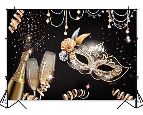 Masquerade Party Backdrops Retro Gold Black Mask Carnival Birthday Photography Backdrop 7x5ft Vinyl Fiesta Mardi Gras Dance Photo Background Champagne Glass Photo Booths Props Decorations