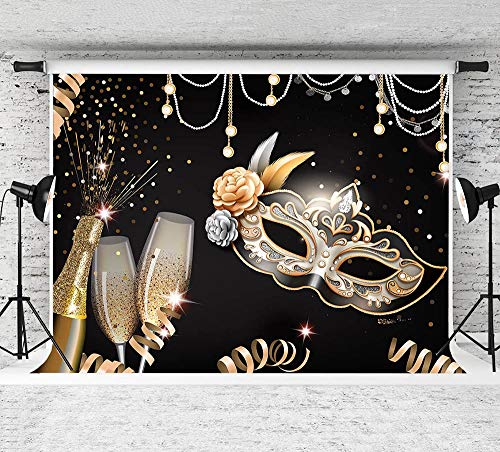 Masquerade Party Backdrops Retro Gold Black Mask Carnival Birthday Photography Backdrop 7x5ft Vinyl Fiesta Mardi Gras Dance Photo Background Champagne Glass Photo Booths Props Decorations