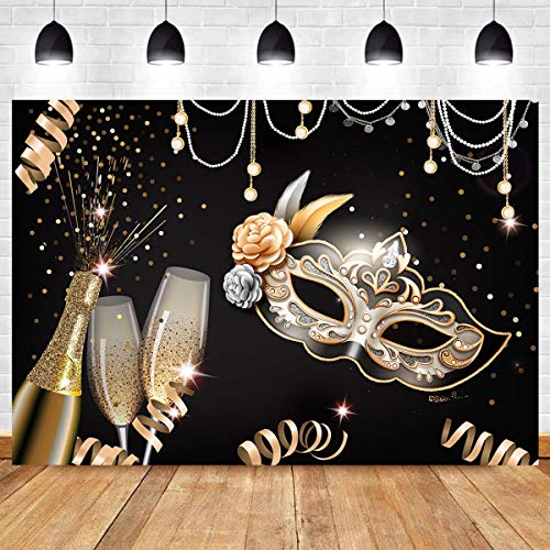 Masquerade Party Backdrops Retro Gold Black Mask Carnival Birthday Photography Backdrop 7x5ft Vinyl Fiesta Mardi Gras Dance Photo Background Champagne Glass Photo Booths Props Decorations