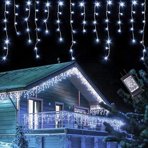 hishiny led icicle christmas lights outdoor,400 led 32ft 8 mode clear wire icicle lights string with 75 drop,plug in extendable christmas lights for garden decoration, festival, holiday(cool white)