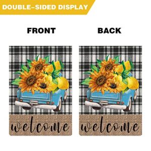 YOVOYOA Hello Summer Sunflowers Lemon Garden Flag for Outside, Summer Truck Welcome Yard Flag, Hello Sunshine 12.5 x 18 Inch Double Sided Plaid Flag for Farmhouse Patio Lawn Yard Outdoor Decor