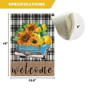 YOVOYOA Hello Summer Sunflowers Lemon Garden Flag for Outside, Summer Truck Welcome Yard Flag, Hello Sunshine 12.5 x 18 Inch Double Sided Plaid Flag for Farmhouse Patio Lawn Yard Outdoor Decor