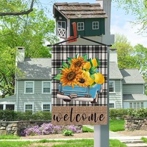 YOVOYOA Hello Summer Sunflowers Lemon Garden Flag for Outside, Summer Truck Welcome Yard Flag, Hello Sunshine 12.5 x 18 Inch Double Sided Plaid Flag for Farmhouse Patio Lawn Yard Outdoor Decor