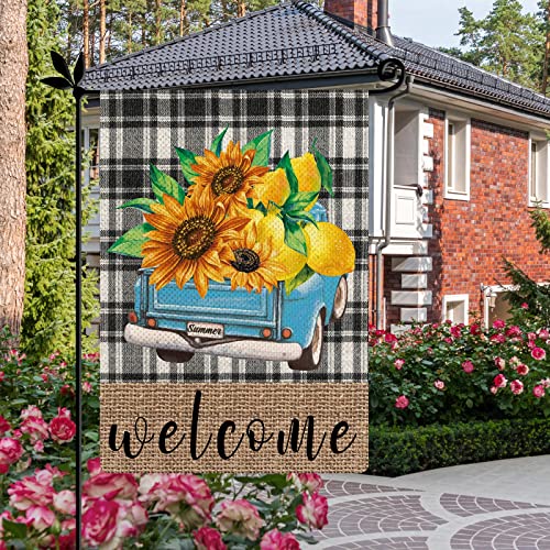 YOVOYOA Hello Summer Sunflowers Lemon Garden Flag for Outside, Summer Truck Welcome Yard Flag, Hello Sunshine 12.5 x 18 Inch Double Sided Plaid Flag for Farmhouse Patio Lawn Yard Outdoor Decor