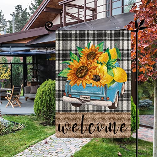 YOVOYOA Hello Summer Sunflowers Lemon Garden Flag for Outside, Summer Truck Welcome Yard Flag, Hello Sunshine 12.5 x 18 Inch Double Sided Plaid Flag for Farmhouse Patio Lawn Yard Outdoor Decor