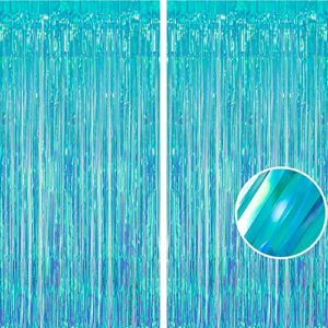 braveshine party decorations iridescent foil fringe backdrops – 2 pack 3.2 x 6.5 ft metallic tinsel photo booth pros streamer curtains for birthday wedding graduation christmas holiday – clear blue