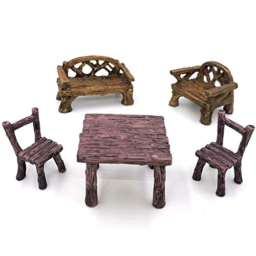 Trasfit 6 Pieces Miniature Table and Chairs Set, Fairy Garden Furniture Bench Ornaments Kit for Dollhouse Accessories, Home Micro Landscape Decoration (Style B)