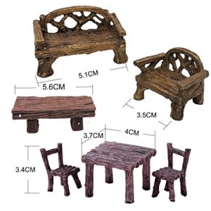 Trasfit 6 Pieces Miniature Table and Chairs Set, Fairy Garden Furniture Bench Ornaments Kit for Dollhouse Accessories, Home Micro Landscape Decoration (Style B)