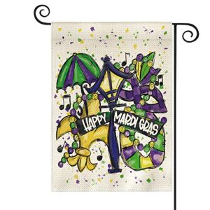 avoin happy mardi gras masquerade mask fleur de lis umbrella garden flag vertical double sided, holiday party mardi gras bead lamp yard outdoor decoration 12×18 inch