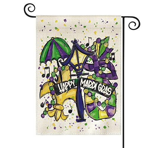 AVOIN Happy Mardi Gras Masquerade Mask Fleur de Lis Umbrella Garden Flag Vertical Double Sided, Holiday Party Mardi Gras Bead Lamp Yard Outdoor Decoration 12x18 Inch