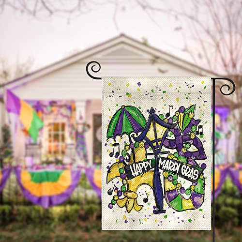 AVOIN Happy Mardi Gras Masquerade Mask Fleur de Lis Umbrella Garden Flag Vertical Double Sided, Holiday Party Mardi Gras Bead Lamp Yard Outdoor Decoration 12x18 Inch