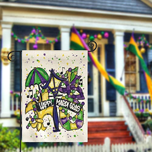 AVOIN Happy Mardi Gras Masquerade Mask Fleur de Lis Umbrella Garden Flag Vertical Double Sided, Holiday Party Mardi Gras Bead Lamp Yard Outdoor Decoration 12x18 Inch