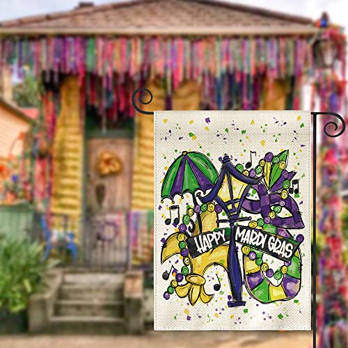 AVOIN Happy Mardi Gras Masquerade Mask Fleur de Lis Umbrella Garden Flag Vertical Double Sided, Holiday Party Mardi Gras Bead Lamp Yard Outdoor Decoration 12x18 Inch