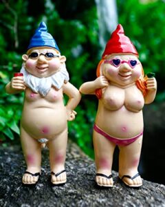 2 pieces small sexy gnome statues, 4.7 inch naked gnome statue garden goblin-art decoration, garden gnomes outdoor funny, naughty gnomes, lawn gnome (man and woman style)