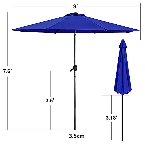 choicehot Patio Umbrella 9‘ Outdoor Patio Market Umbrella for Garden, Pool, Backyard Round Umbrella with Crank System and Tilt，8 Ribs - Blue