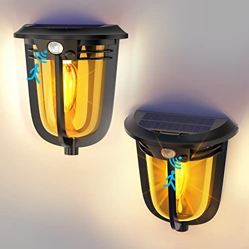 BOYANG 2 Pack Solar Wall Lights Outdoor Motion Sensor Porch Lights Solar Powered, IP65 Waterproof Solar Sconce Exterior Decorative Fixtures with 2 Mode, Lighting Lantern for House Garden Garage