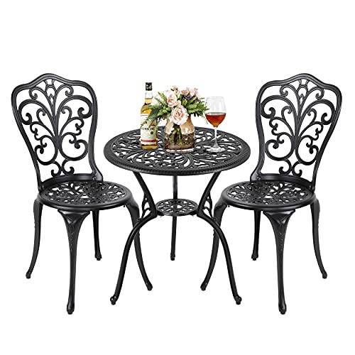 Nuu Garden 3 Piece Outdoor Bistro Table Set, All Weather Aluminum Table and Chairs with Umbrella Hole for Yard, Balcony, Black