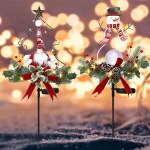 qmkgec outdoor christmas decorations, xmas solar lights 2 pcs, snowman led lights butterflies decor light waterproof for yard lawn garden decor