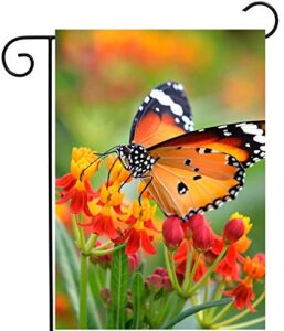 pickako butterfly insects in on orange floral flowers spring summer natural seasonal garden yard flag 12 x 18 inch, double sided outdoor decorative welcome flags banners for home house lawn patio