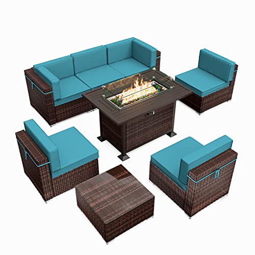 Amopatio 8 Pieces Patio Furniture Set Outdoor with Gas Fire Pit Table, PE Wicker Pit Conversation Sets, 44" Gas Fire Patio Sectional Furniture with Sky Blue Cushions, Coffee Table, 2 Waterproof Covers