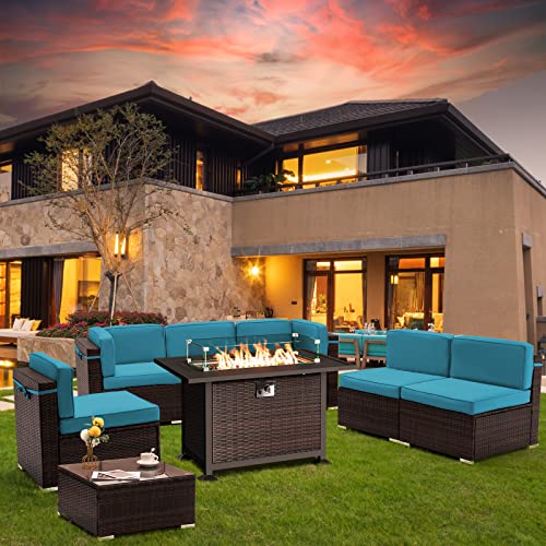 Amopatio 8 Pieces Patio Furniture Set Outdoor with Gas Fire Pit Table, PE Wicker Pit Conversation Sets, 44" Gas Fire Patio Sectional Furniture with Sky Blue Cushions, Coffee Table, 2 Waterproof Covers