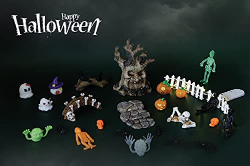 Miniature Halloween Fairy Garden Set - DIY Mini Halloween Garden Accessories Kit Fall Autumn Garden Ornaments Decors String Light Ghost Pumpkin Spiders Witch Skull Halloween Cake Dollhouse Decor