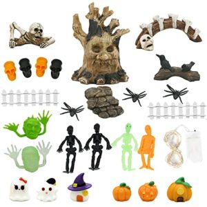 miniature halloween fairy garden set – diy mini halloween garden accessories kit fall autumn garden ornaments decors string light ghost pumpkin spiders witch skull halloween cake dollhouse decor