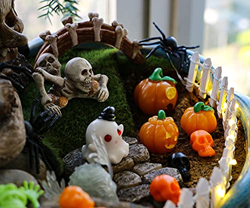 Miniature Halloween Fairy Garden Set - DIY Mini Halloween Garden Accessories Kit Fall Autumn Garden Ornaments Decors String Light Ghost Pumpkin Spiders Witch Skull Halloween Cake Dollhouse Decor