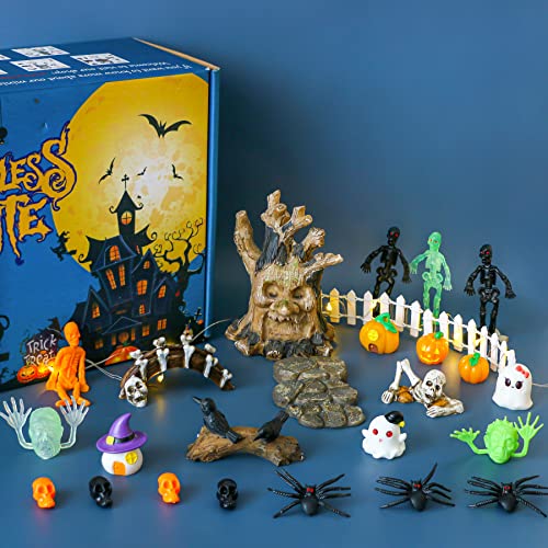 Miniature Halloween Fairy Garden Set - DIY Mini Halloween Garden Accessories Kit Fall Autumn Garden Ornaments Decors String Light Ghost Pumpkin Spiders Witch Skull Halloween Cake Dollhouse Decor