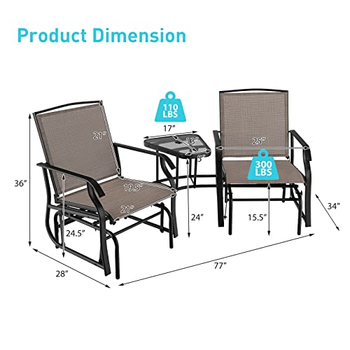 Giantex Outdoor Glider Chairs with Table & Umbrella Hole, Patio 2-Seat Rocking Chair Outside Loveseat Swing w/ Breathable Fabric for Garden, Backyard, Poolside, Lawn Metal Glider Bench(Brown)