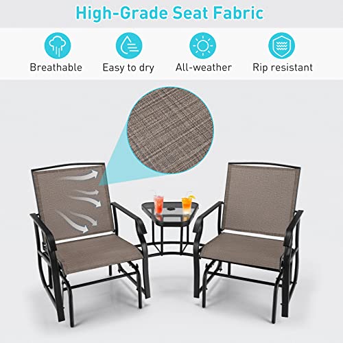 Giantex Outdoor Glider Chairs with Table & Umbrella Hole, Patio 2-Seat Rocking Chair Outside Loveseat Swing w/ Breathable Fabric for Garden, Backyard, Poolside, Lawn Metal Glider Bench(Brown)