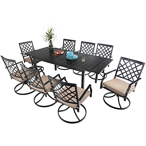 PHI VILLA 9 Piece Outdoor Furniture Dining Set, All-Weather Metal Steel Conversation Set Includes 8 Chairs and 1 Extendable Dining Table for Patio Garden Deck