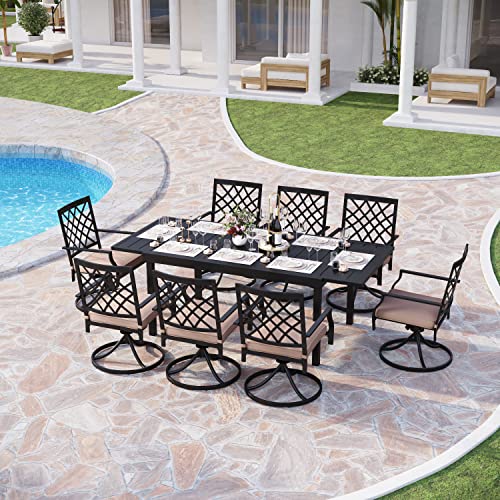 PHI VILLA 9 Piece Outdoor Furniture Dining Set, All-Weather Metal Steel Conversation Set Includes 8 Chairs and 1 Extendable Dining Table for Patio Garden Deck