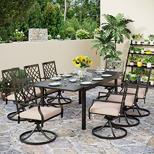 PHI VILLA 9 Piece Outdoor Furniture Dining Set, All-Weather Metal Steel Conversation Set Includes 8 Chairs and 1 Extendable Dining Table for Patio Garden Deck