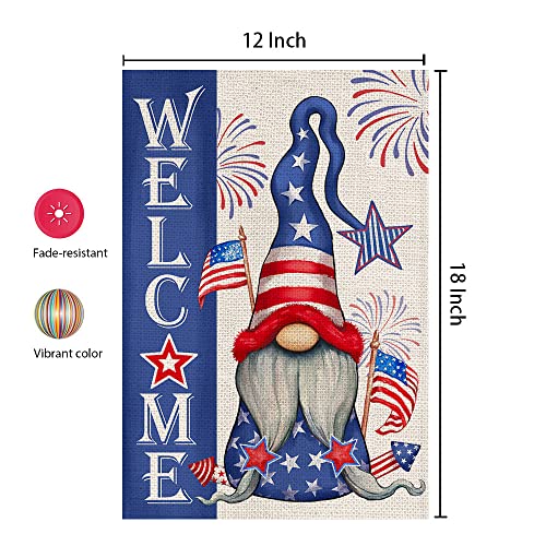 CROWNED BEAUTY 4th of July Patrioctic USA Blue Gnome Garden Flag 12x18 Inch Double Sided Memorial Independence Day Outside Yard Party Decoration