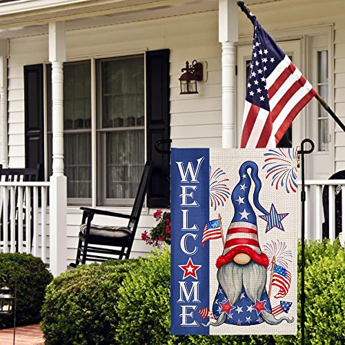 CROWNED BEAUTY 4th of July Patrioctic USA Blue Gnome Garden Flag 12x18 Inch Double Sided Memorial Independence Day Outside Yard Party Decoration