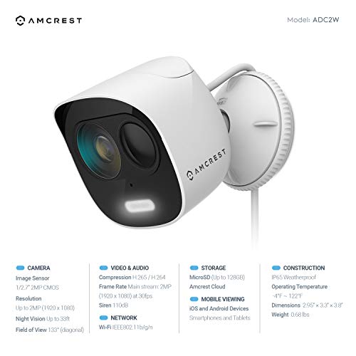 Amcrest SmartHome 1080p WiFi Outdoor Security Camera with Spotlight, Built-in Siren Alarm, Strobe Light, Two-Way Audio, Night Vision, 133° View, IP65 Weatherproof, MicroSD & Smart Cloud Storage, ADC2W