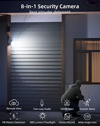 MUBVIEW Solar Security Cameras Wireless Outdoor Floodlight, 2K Outdoor Camera Wireless, Home Security Camera Outdoor, 800 Lumens Light/Siren/14000 Battery/2.4G WiFi/2-Way Talk/IP67/SD/Cloud