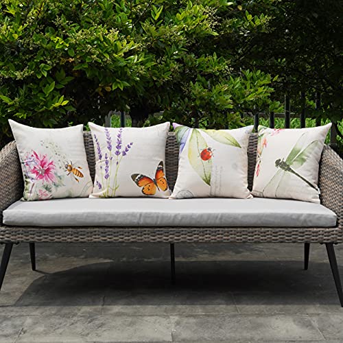 ONWAY Outdoor Pillow Covers 18X18 Waterproof Set of 4 Bee Butterfly Dragonfly Ladybug Insect Plant Decorative Throw Cushion Cover Spring Summer Outdoor Pillows for Patio Furniture and Sunbrella