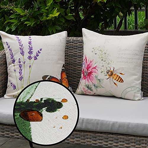 ONWAY Outdoor Pillow Covers 18X18 Waterproof Set of 4 Bee Butterfly Dragonfly Ladybug Insect Plant Decorative Throw Cushion Cover Spring Summer Outdoor Pillows for Patio Furniture and Sunbrella