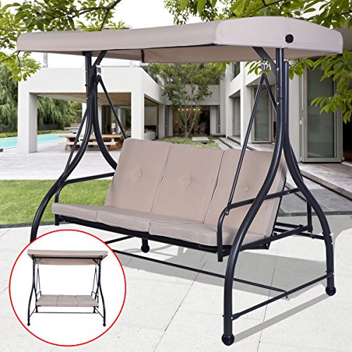 Tangkula Converting Outdoor Swing Patio Porch Garden Swing with Comfortable Cushion Seats, Adjustable Canopy & Coated Steel Frame Patio Swing 3 Seats Patio Deck Furniture (Beige)