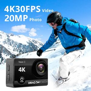 Dragon Touch 4K Action Camera 20MP Vision 3 Underwater Waterproof Camera 170° Wide Angle WiFi Sports Cam with Remote 2 Batteries and Mounting Accessories Kit