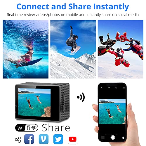 Dragon Touch 4K Action Camera 20MP Vision 3 Underwater Waterproof Camera 170° Wide Angle WiFi Sports Cam with Remote 2 Batteries and Mounting Accessories Kit