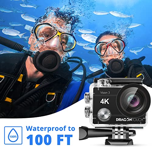 Dragon Touch 4K Action Camera 20MP Vision 3 Underwater Waterproof Camera 170° Wide Angle WiFi Sports Cam with Remote 2 Batteries and Mounting Accessories Kit